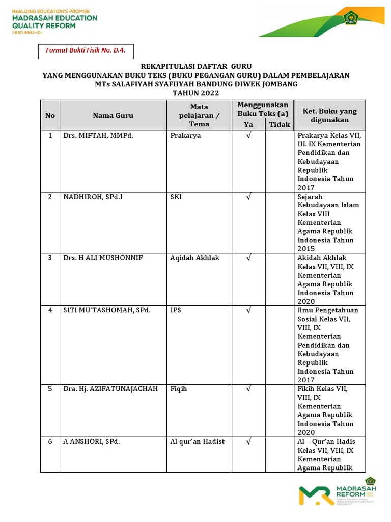D-4. Rekap Daftar Guru Yang Menggunakan Buku Teks (Digital) | PDF