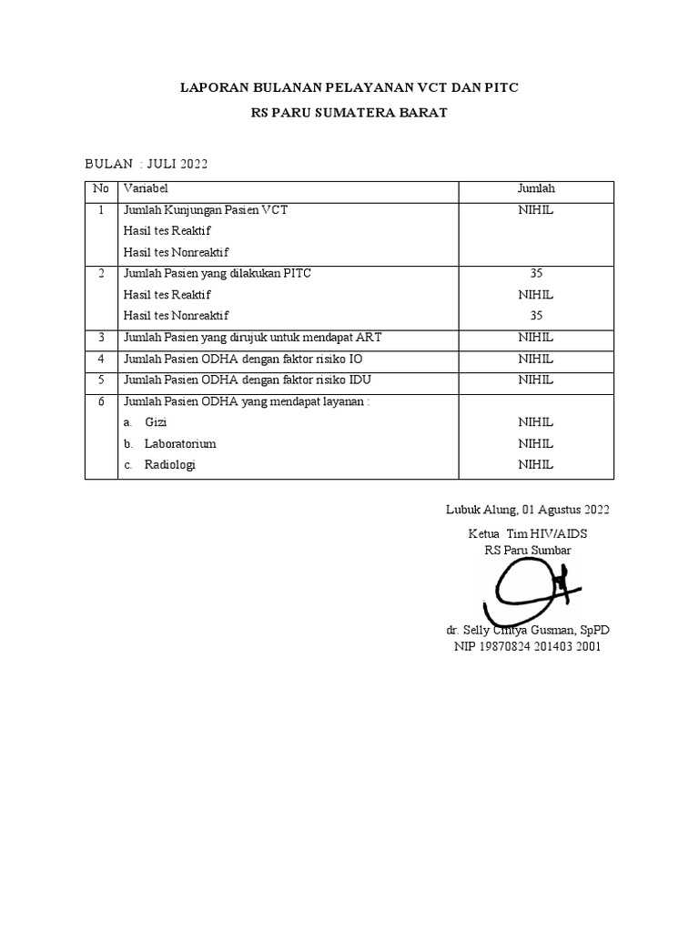 Laporan Bulanan Pelayanan VCT Dan Pitc | PDF