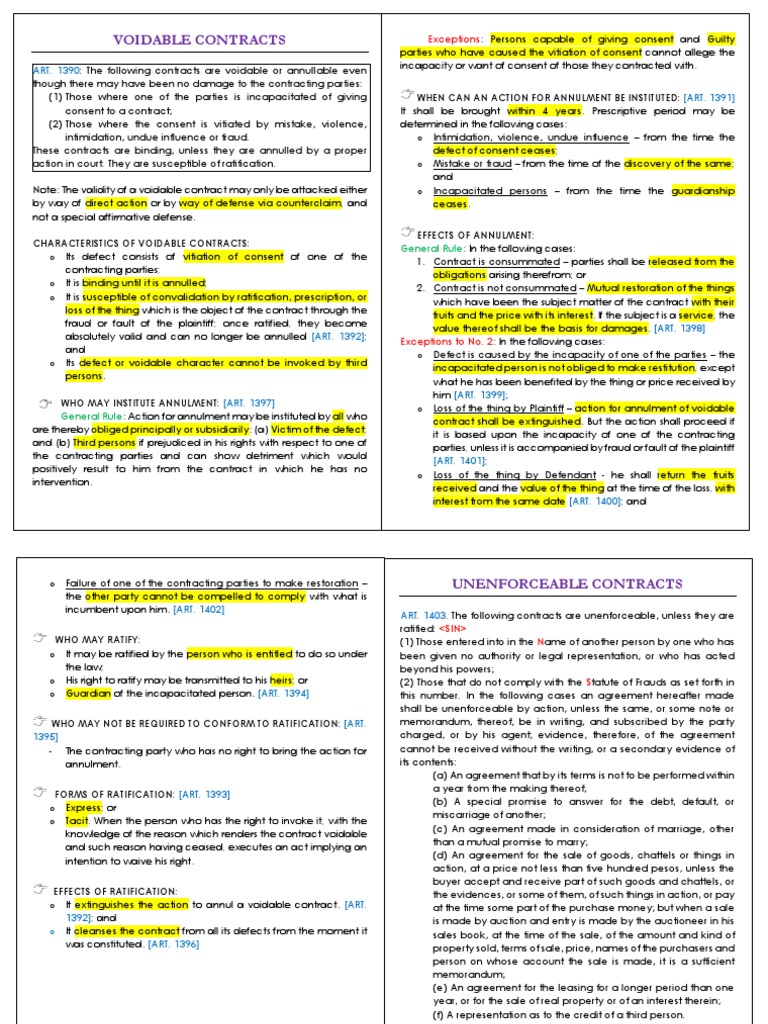 Defective Contracts ObliCon Paladins | PDF | Annulment | Ratification