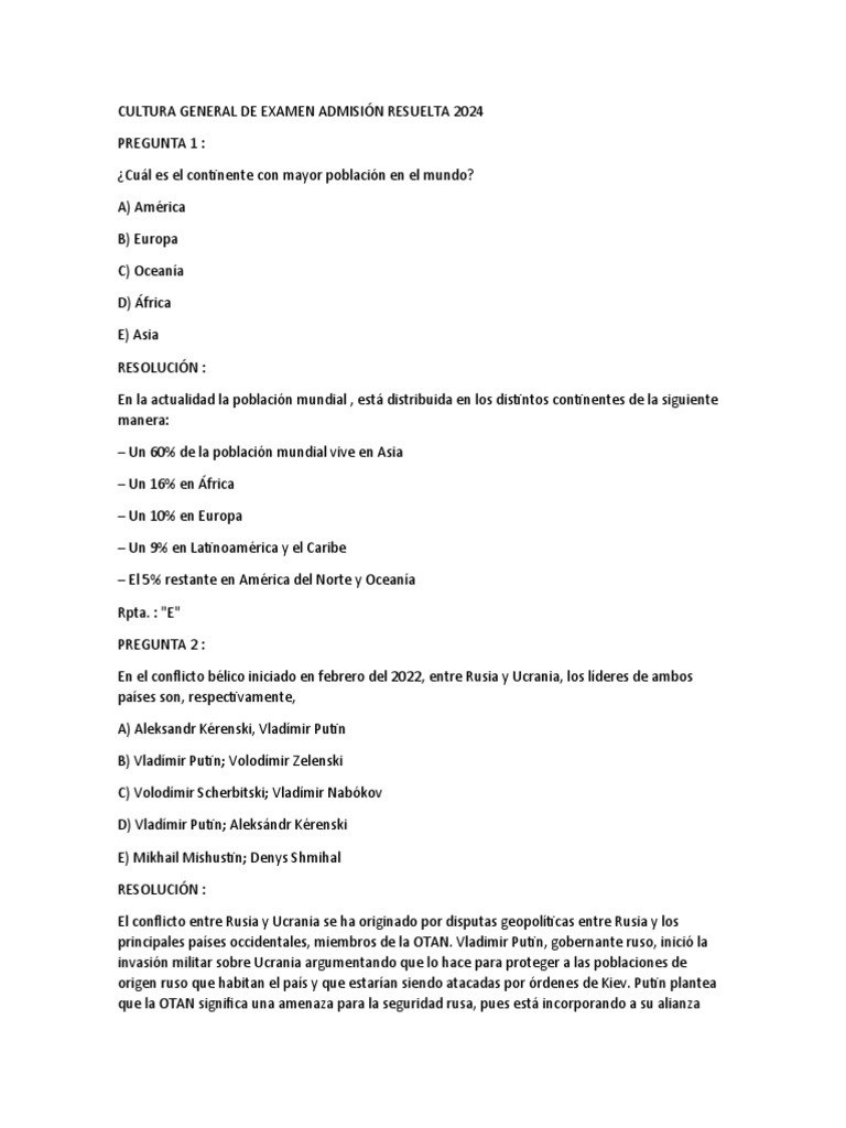 Cultura General de Examen Admisión Resuelta 2024 | PDF