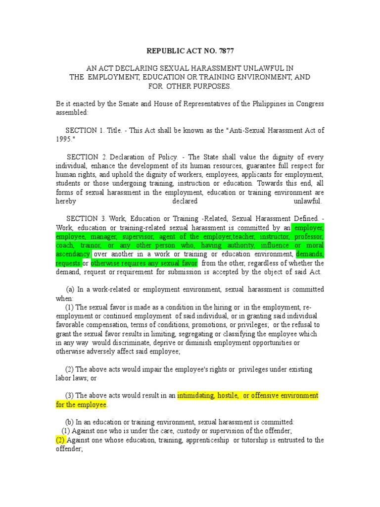Ra 7877 | PDF | Sexual Harassment | Employment