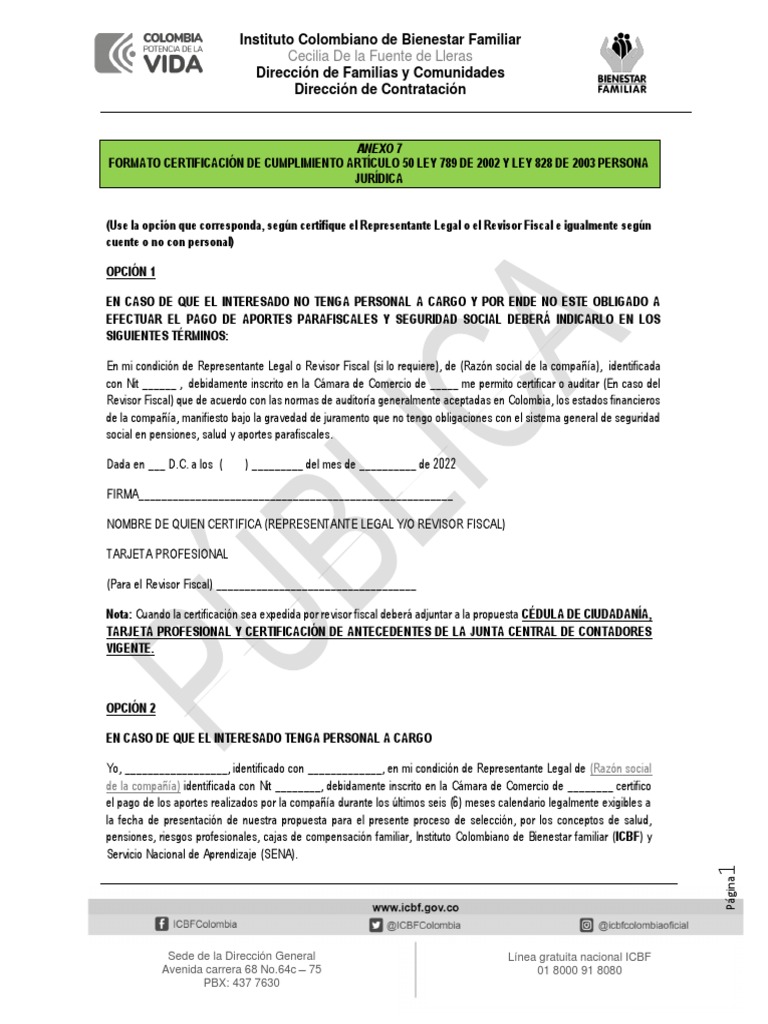 Anexo 7 - Formato Certificacion de Cumplimiento Articulo 50 Ley 789 de 2002 y Ley 828 de 2003 ...