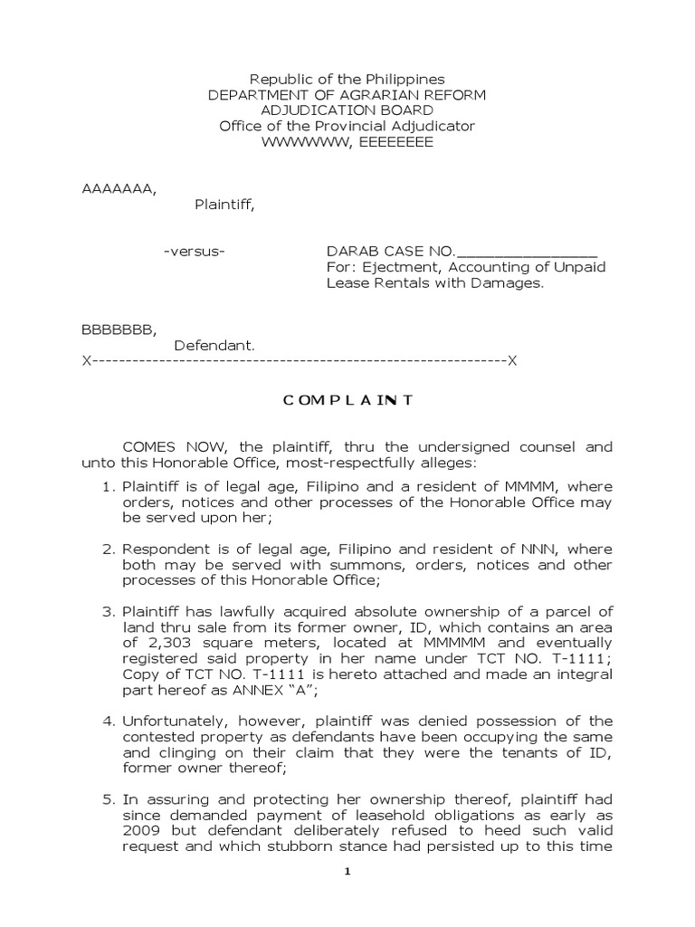 Complaint For Ejectment of Tenant | PDF | Leasehold Estate | Lease
