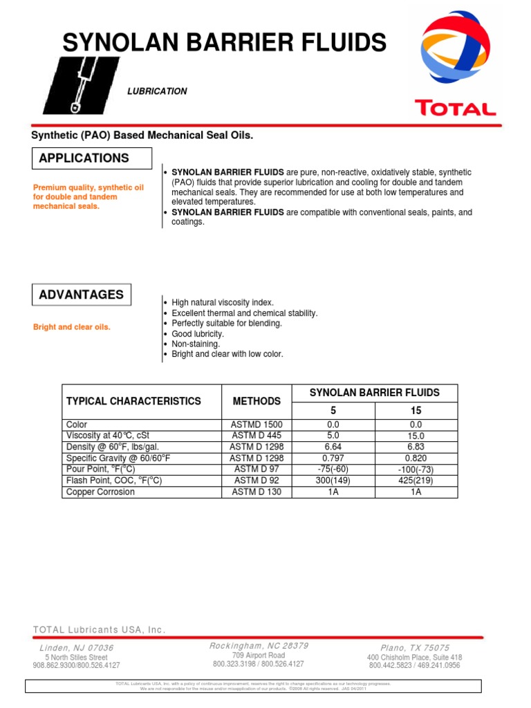 TDS_TOTAL_SYNOLAN BARRIER FLUIDS 5 Y 15 | PDF | Lubricant | Viscosity