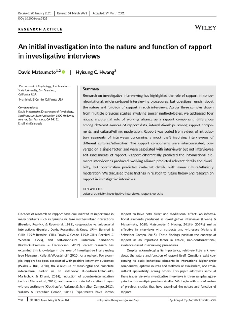 2021 - An Initial Investigation Into The Nature and Function of Rapport ...