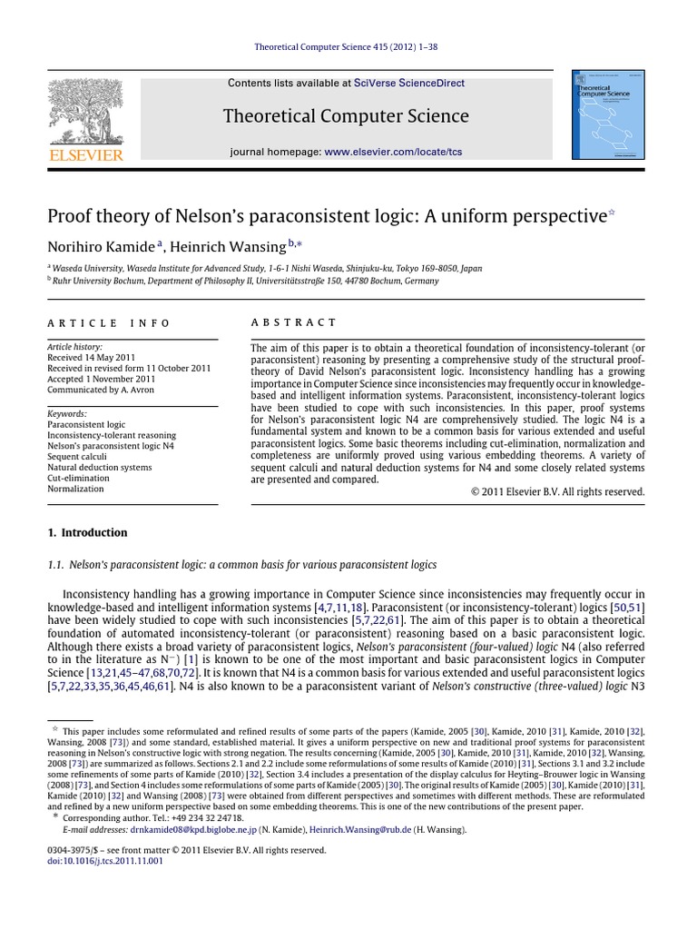 Proof Theory of Nelson S Paraconsistent Logic A U 2012 Theoretical Computer | PDF | Mathematical ...