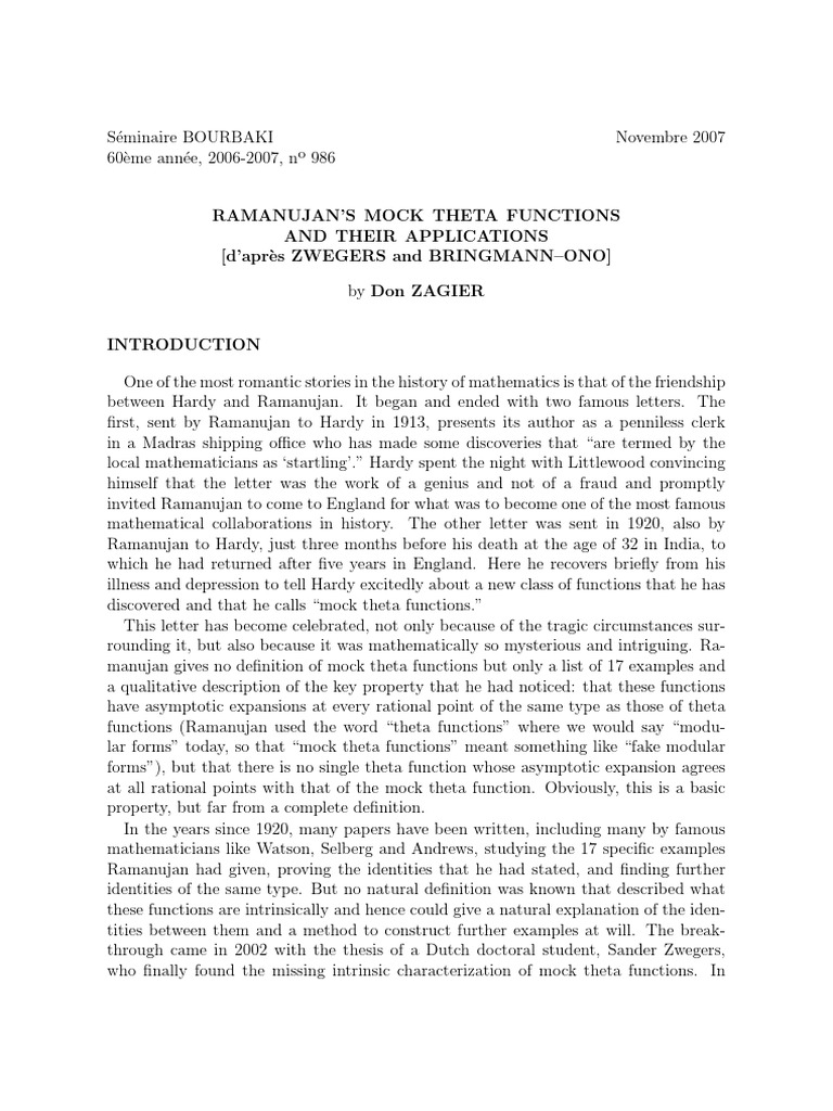 Ramanujan S Mock Theta Functions Pdf Number Theory Mathematics