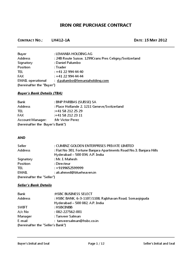 Purchase Contract 100 000 MT Iron Ore With FCR Clause With Signatures ...