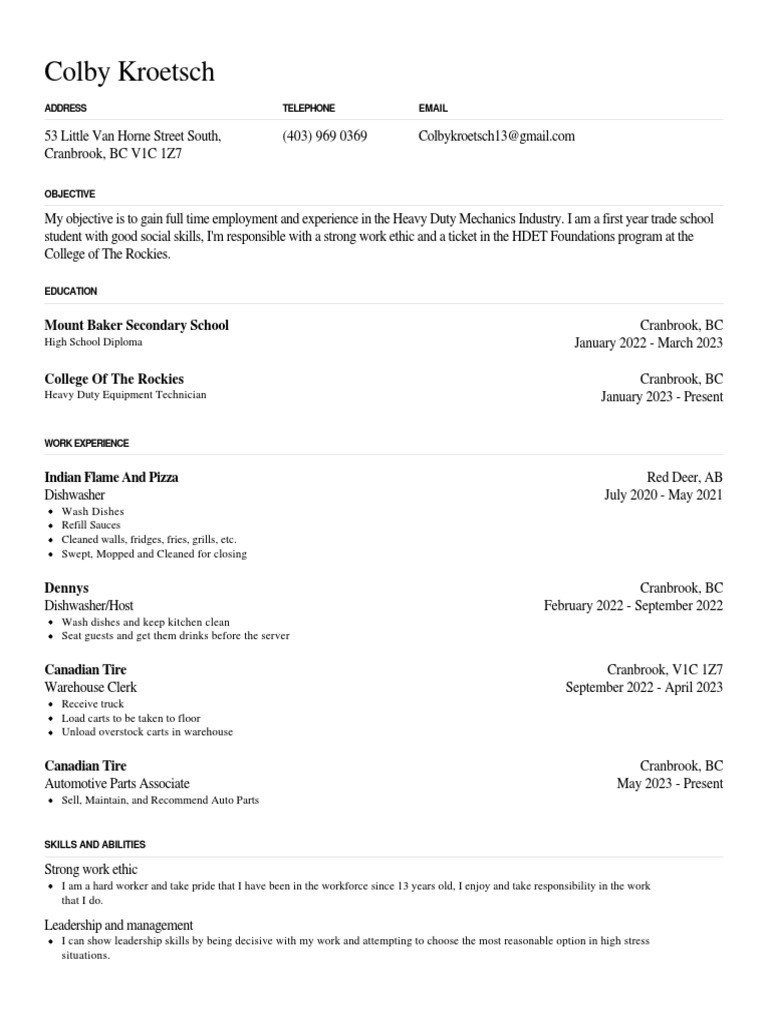 Colby Kroetsch Resume - Colby Kroetsch | PDF | Cooking