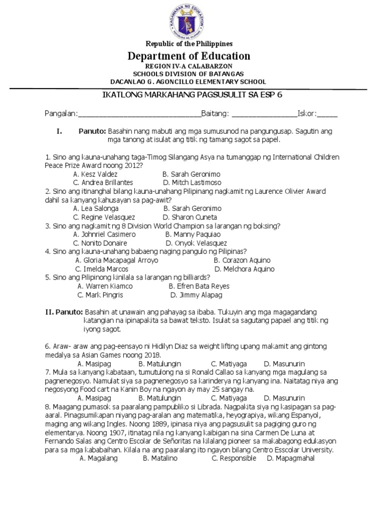 Ikatlong Markahang Pagsusulit Sa Esp 6 | PDF