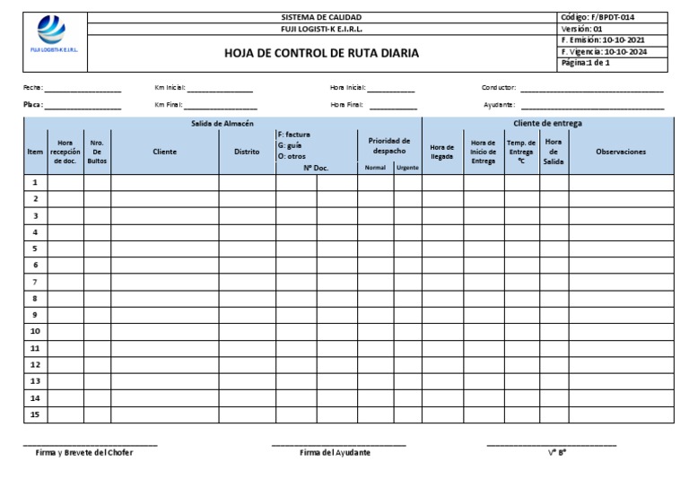 F Bpdt 014 Hoja De Control De Ruta Diaria Pdf