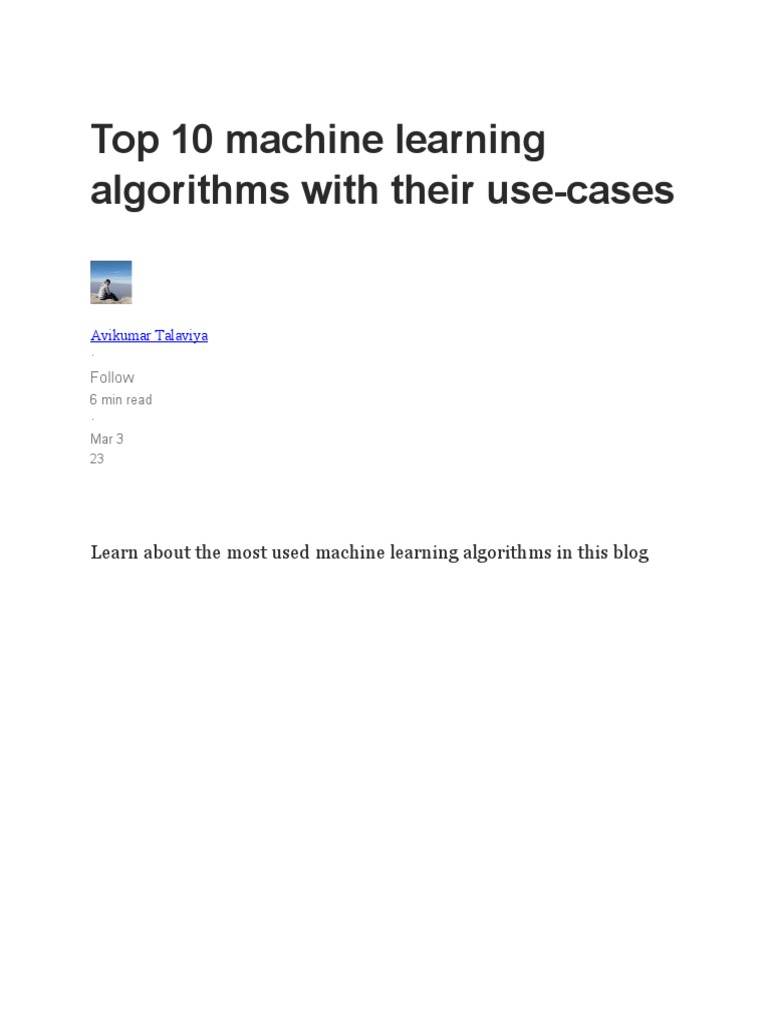 Top 10 Machine Learning Algorithms With Their Use | Download Free PDF ... Top 10 Machine Learning Algorithms With Their Use | Download Free PDF ...