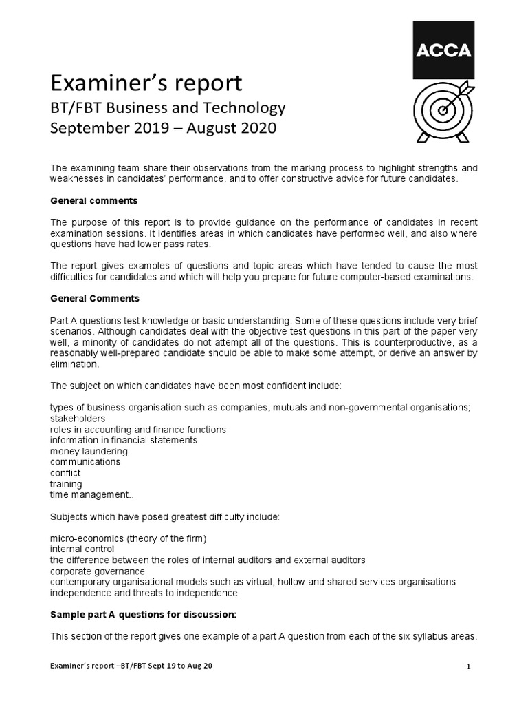 BT - FBT Examiners Report Sept19-Aug20 | PDF | Leadership | Theory