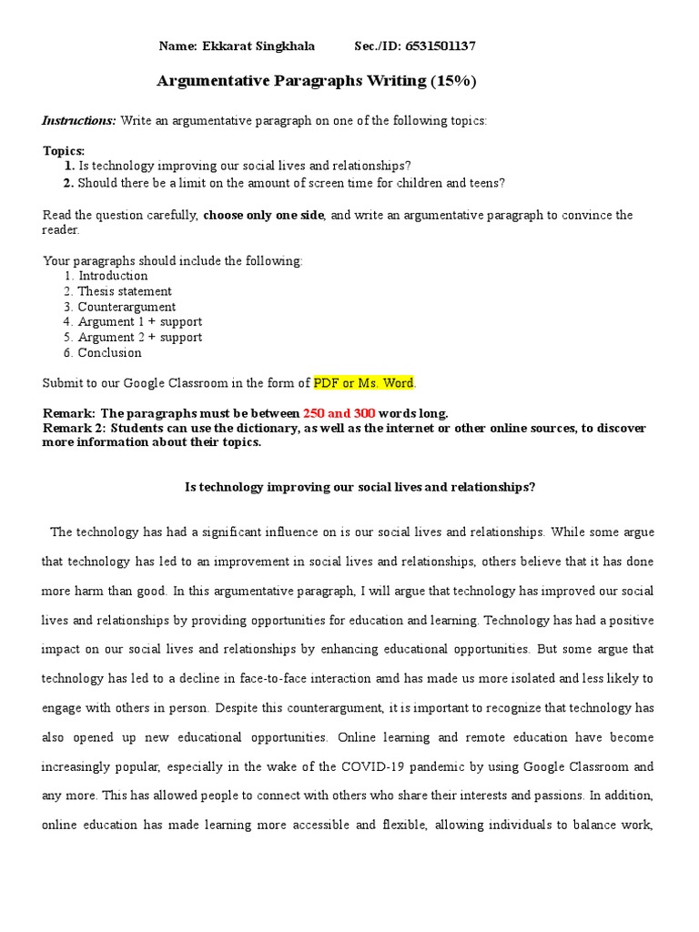 Set A Argumentative Paragraphs Writing 15 6531501137 | PDF ...