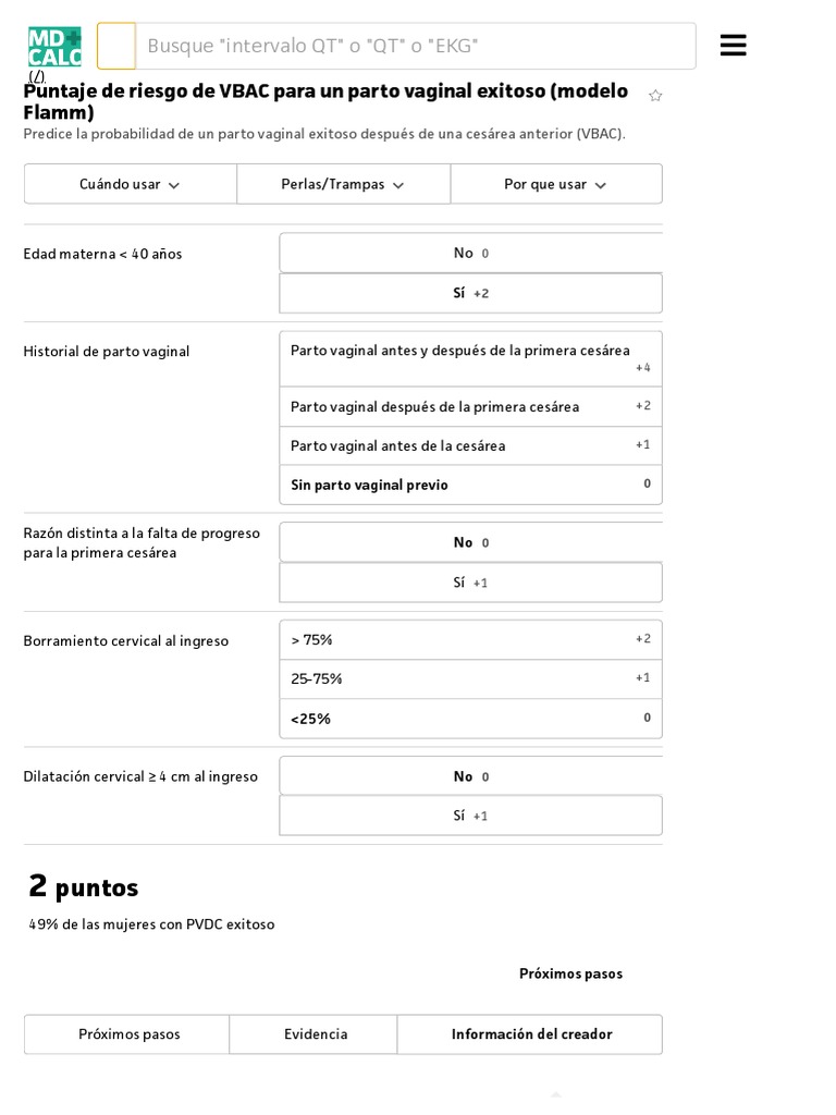 Puntaje de Riesgo de VBAC para Un Parto Vaginal Exitoso (Modelo Flamm ...