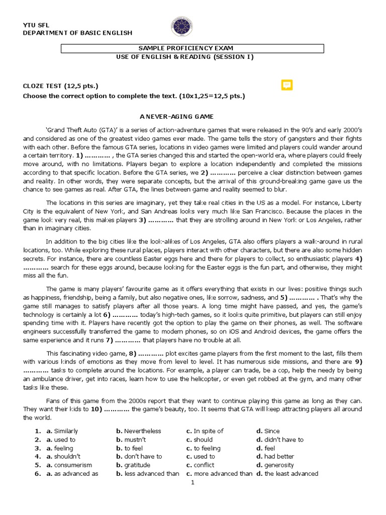 Session I - Ytü Cloze Test + Reading | PDF | Games & Activities ...