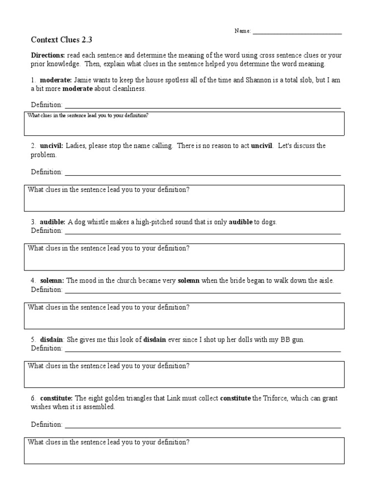 Context Clues Worksheet 2 3 | PDF