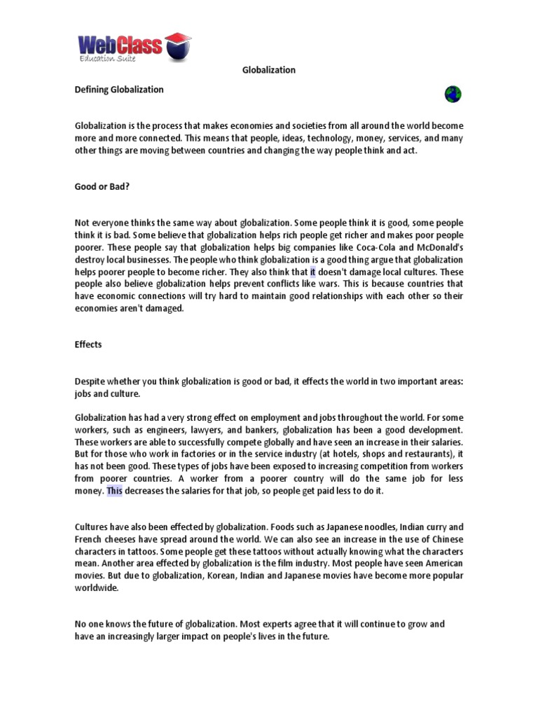 Reading Comprehension Activity On Globalization II Medio | PDF