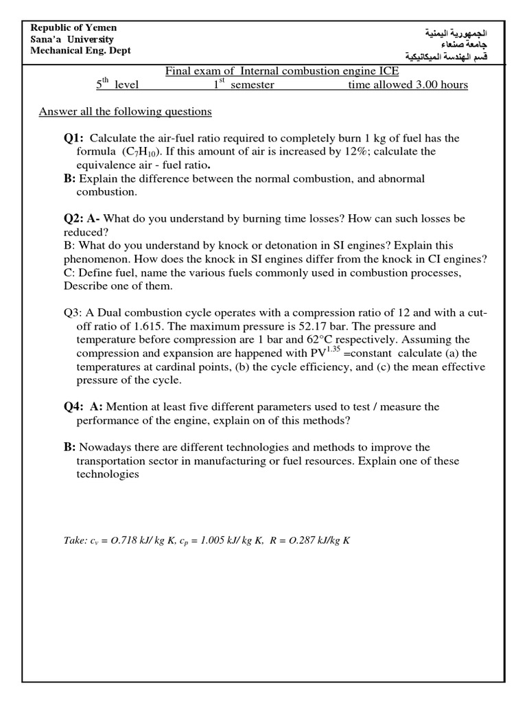 Final Exam Internal Combustion Engine | PDF | Teaching Methods ...