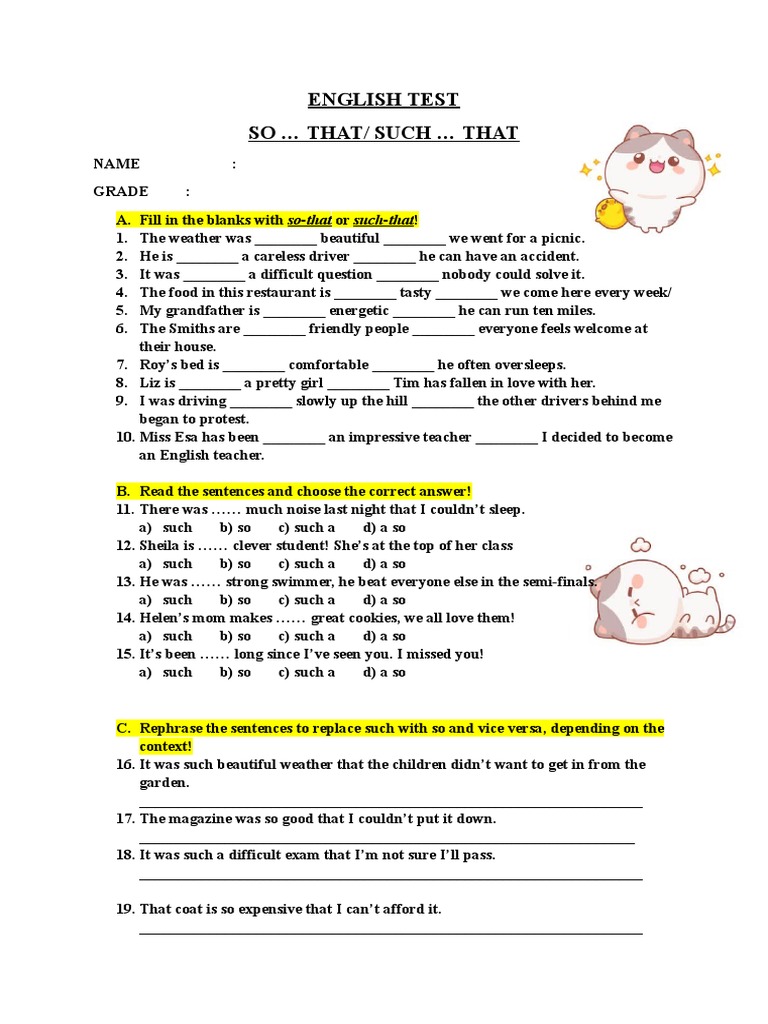 ENGLISH LITERATURE TEST 1 (So That Such That) | PDF | Language Arts ...