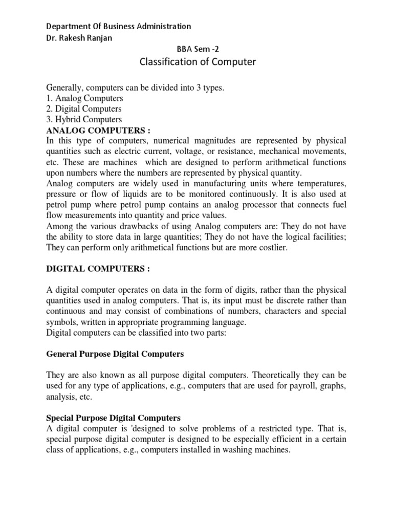 BBA SEM II Classification of Computer by DR. RAKESH RANJAN | PDF | Personal Digital Assistant ...