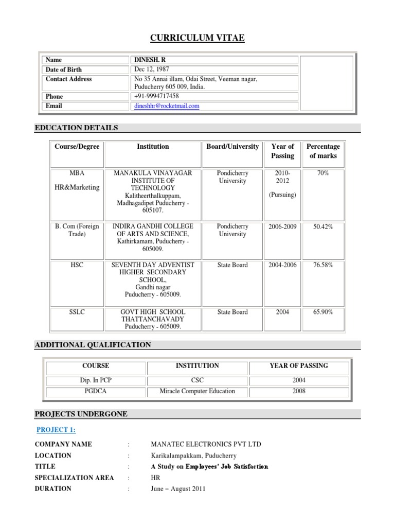 CV Dinesh R | PDF | Cognition | Behavior Modification