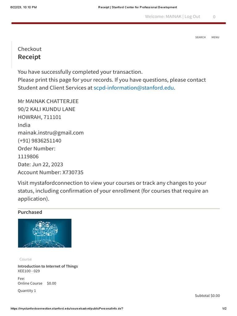 Receipt - Stanford Center For Professional Development | PDF