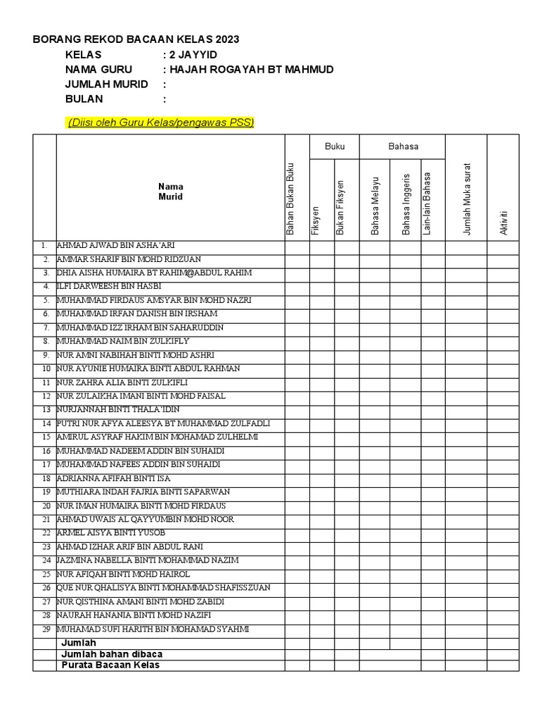 1 Borang Rekod Bacaan Kelas | PDF