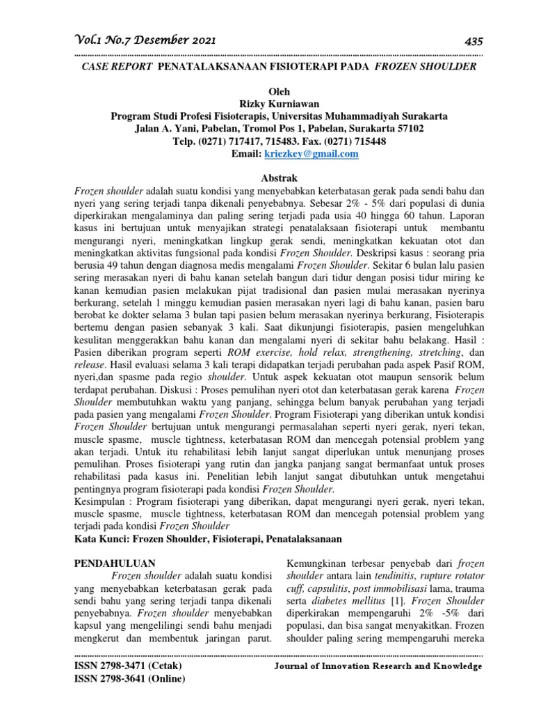 Case Report Penatalaksanaan Fisioterapi Pada Frozen Shoulder Pdf