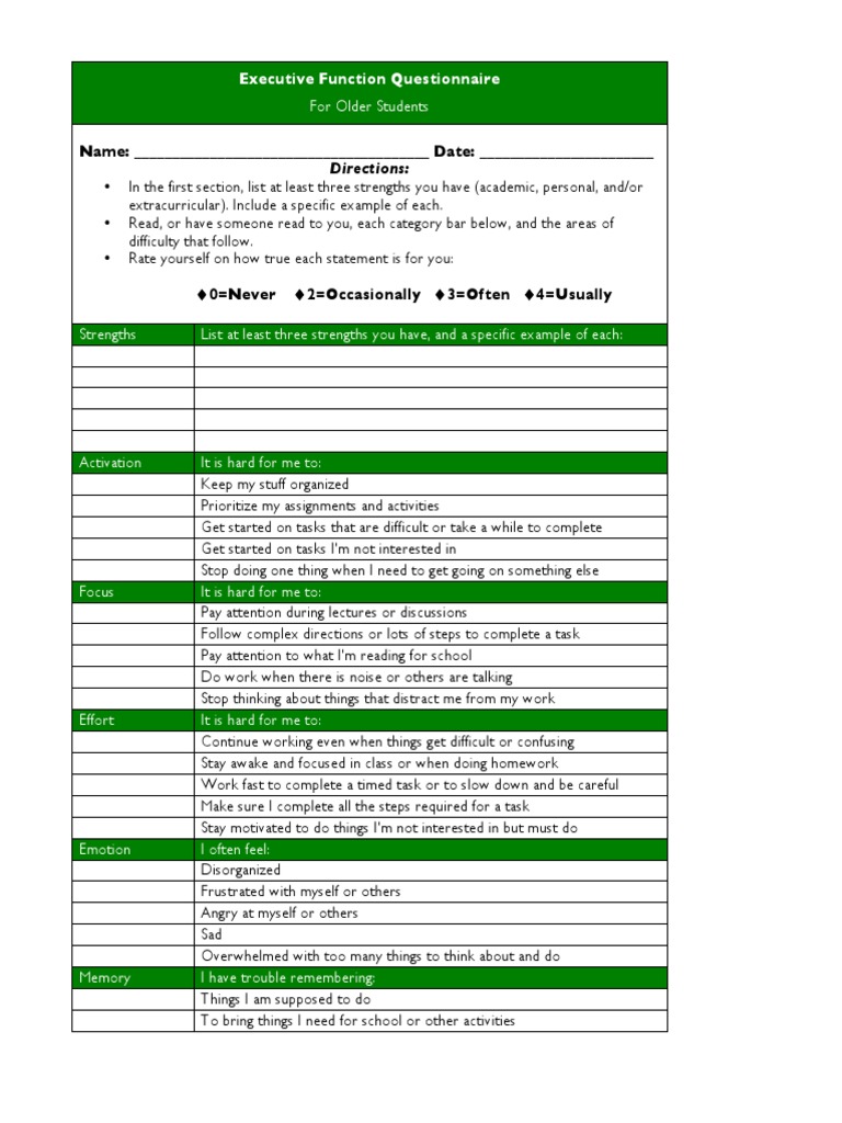 Chapter 1. Executive Function Questionnaire For Older Students | PDF