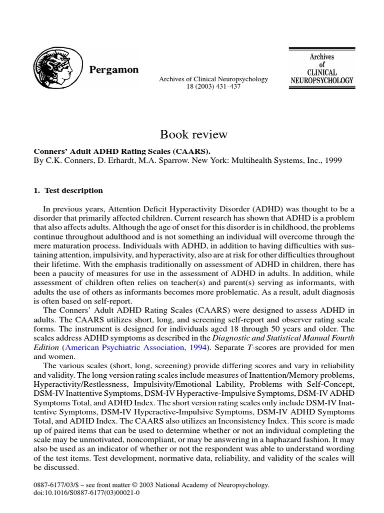 CAARS Review | PDF | Attention Deficit Hyperactivity Disorder | Adult Attention Deficit ...