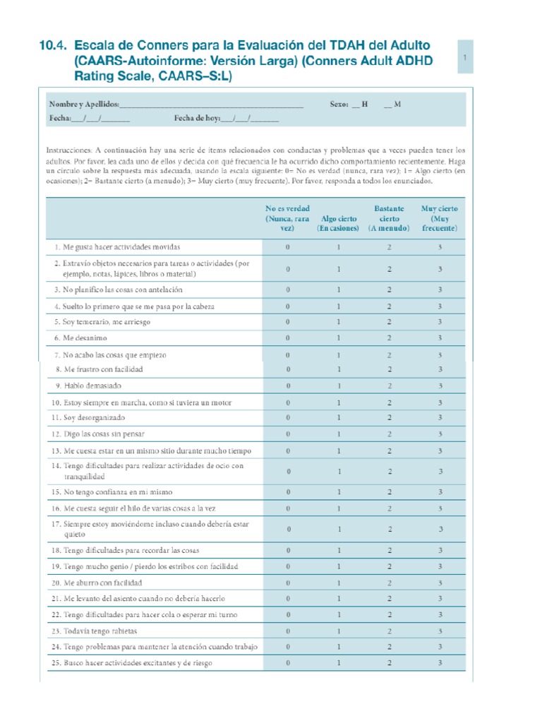 Escala de Conners para Le Evaluación Del TDAH Del Adulto | PDF