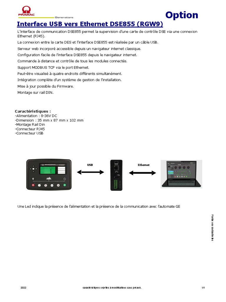 Option Interface USB Vers Ethernet DSE855 (RGW9) | PDF