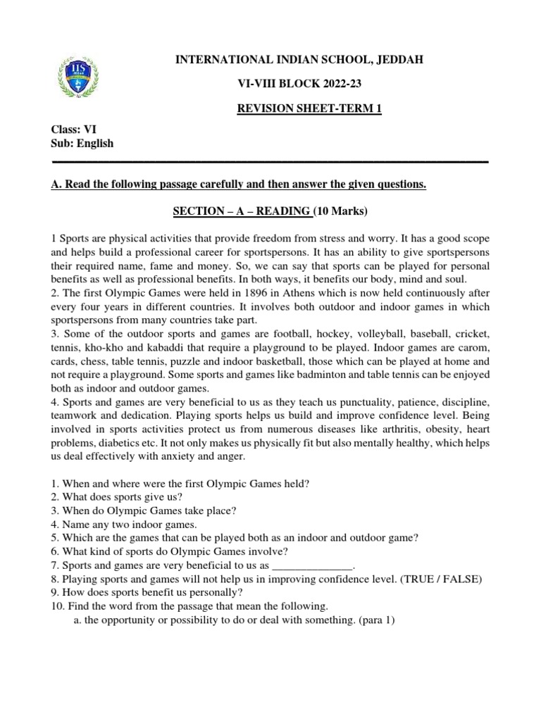 6-Term 1 Revision Sheet-2022-2023 | PDF