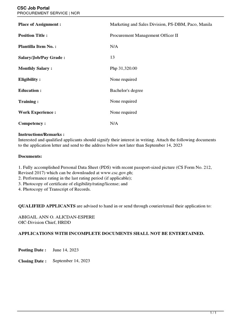 PROCUREMENT SERVICE-Procurement Management Officer II | PDF