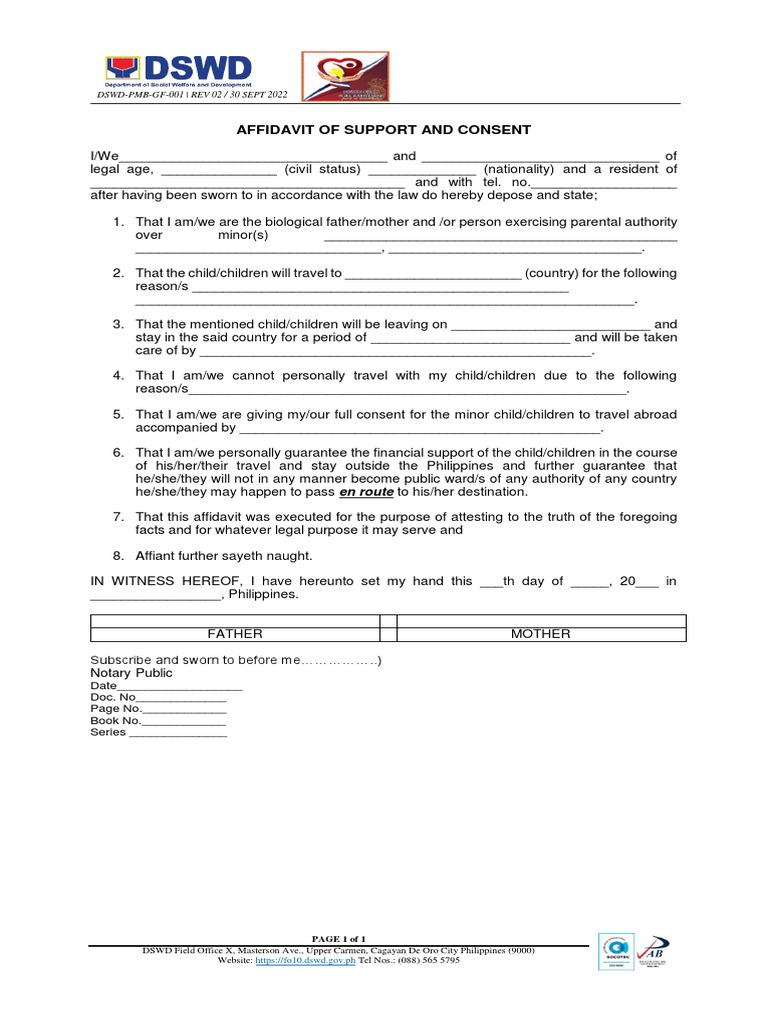 Affidavit of Support and Consent | PDF