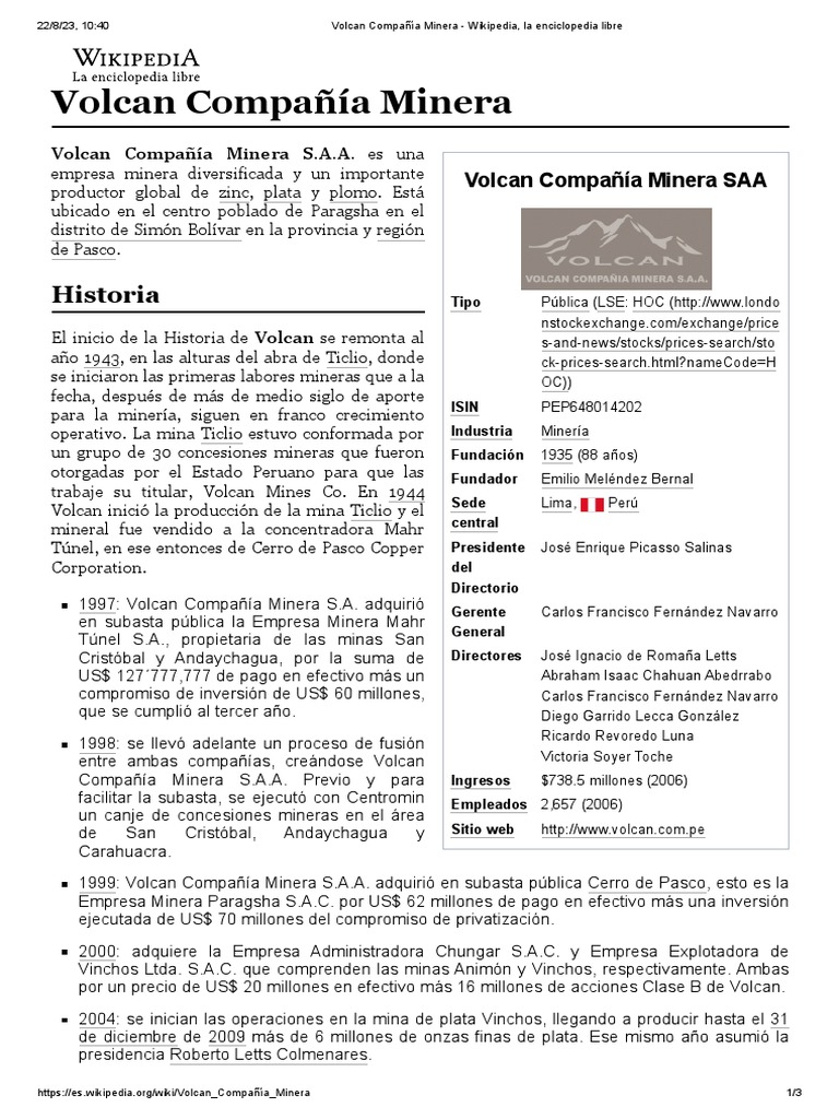 Volcan Compañía Minera - Wikipedia, La Enciclopedia Libre | PDF ...