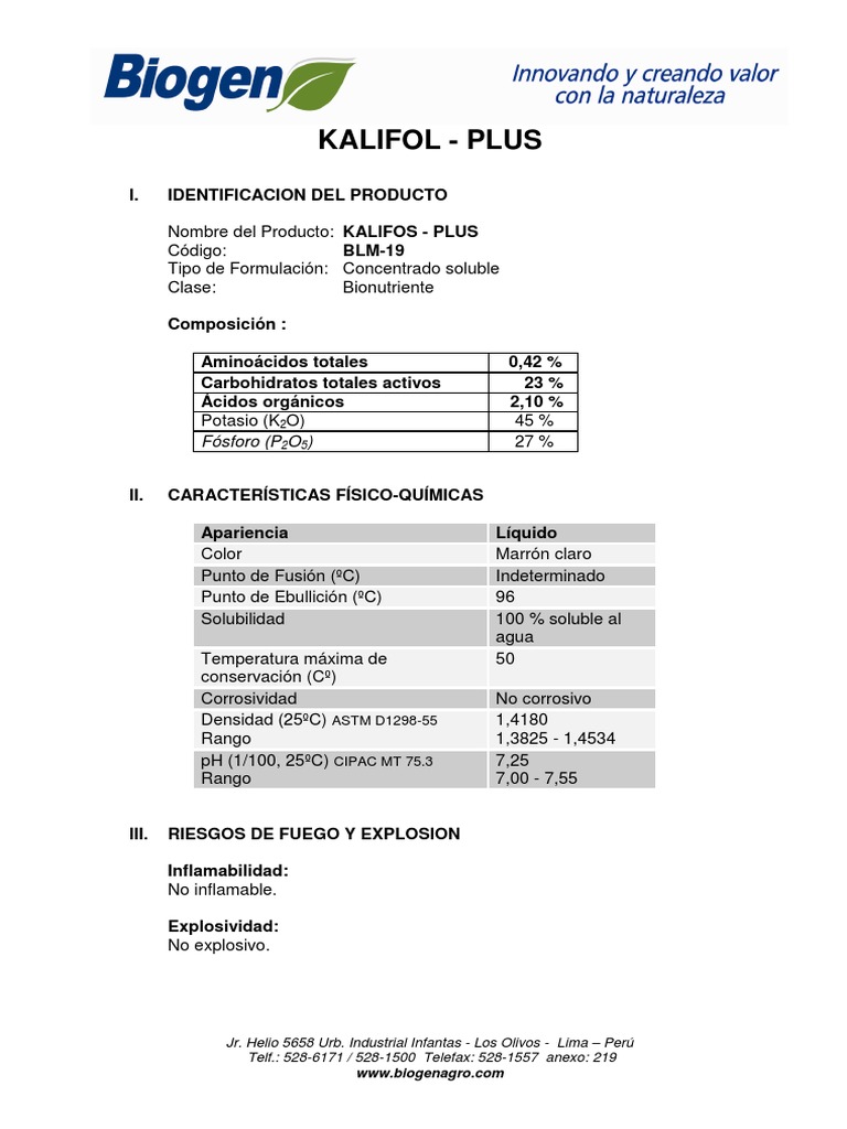 KALIFOL PLUS Hoja de Seguridad | PDF