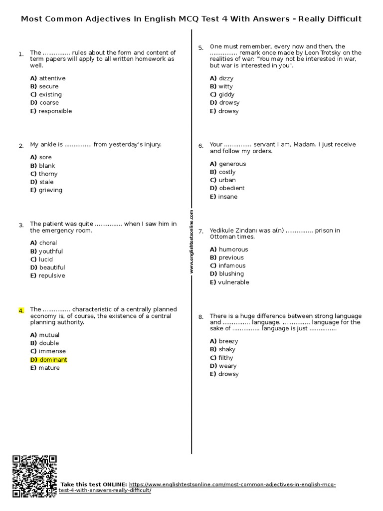 Most Common Adjectives in English MCQ Test 4 With Answers - Really | PDF