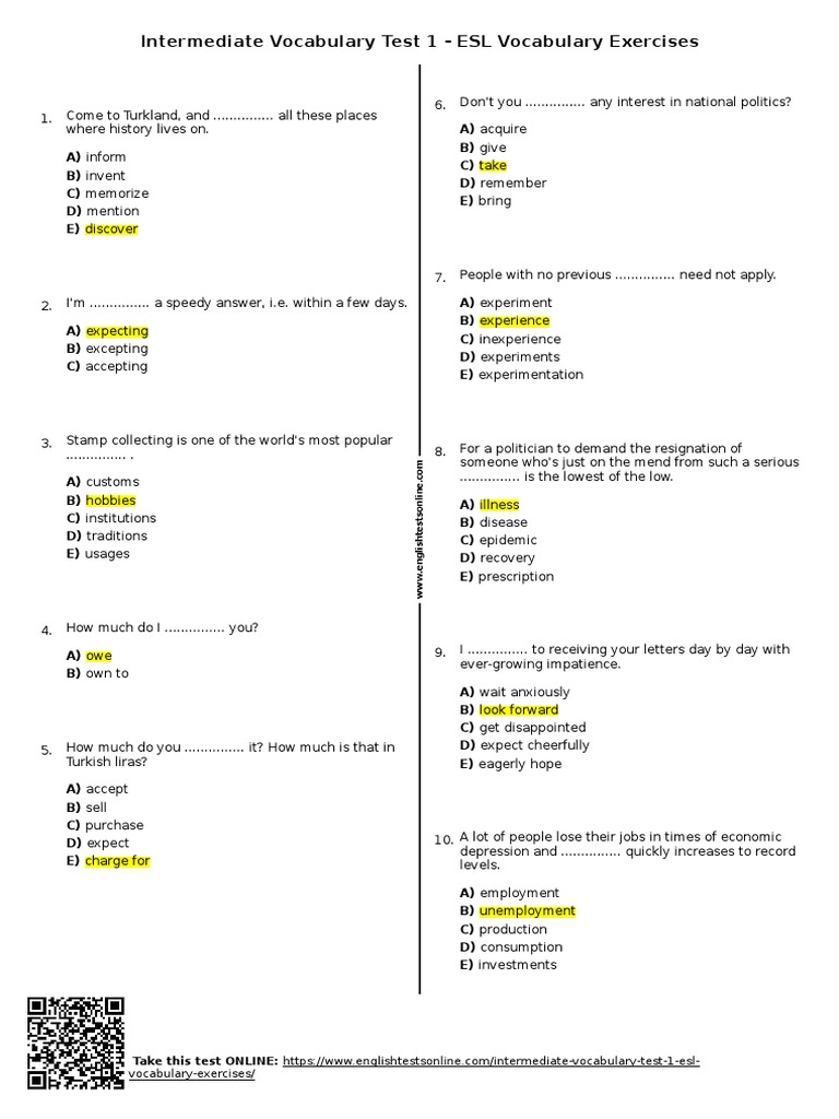 Intermediate Vocabulary 1, 2 | PDF