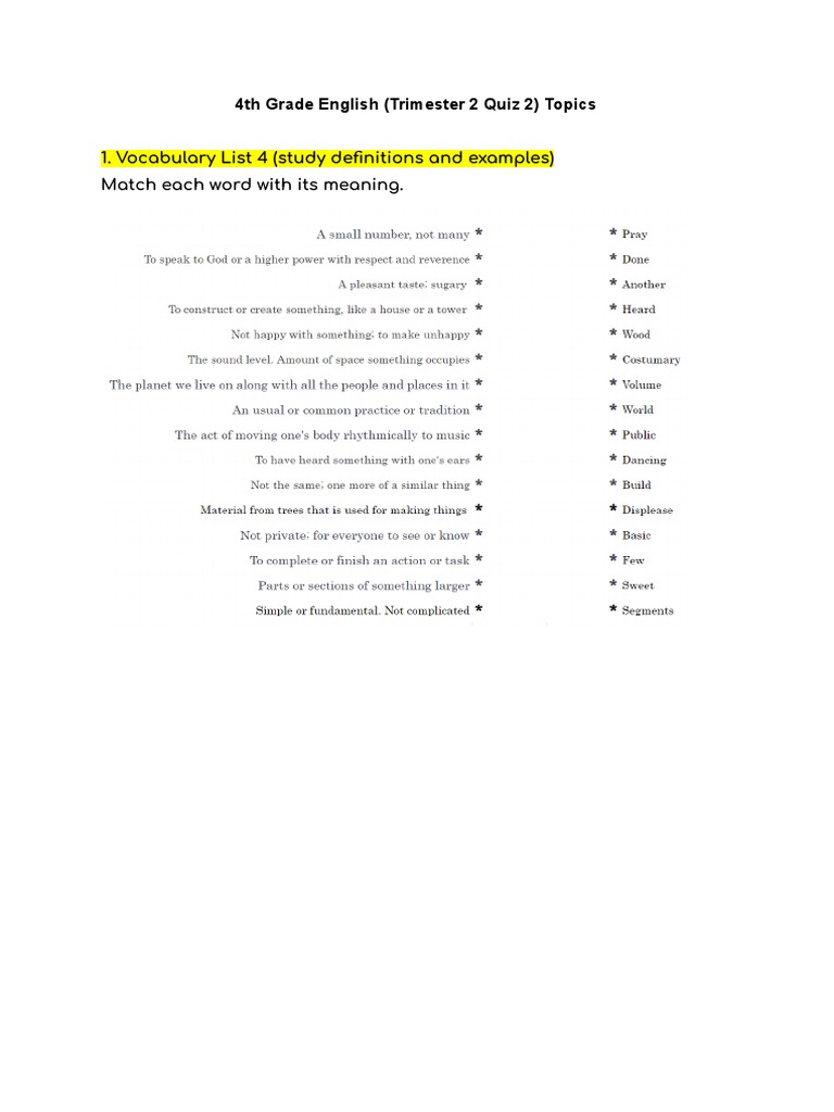 4th Grade English (Trimester 2 Quiz 2) Practica | PDF