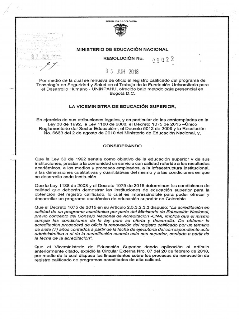 REGISTRO CALIFICADO - TECNOLOGIA EN SEGURIDAD Y SALUD EN EL TRABAJO - Resolución 09022 Renov. | PDF