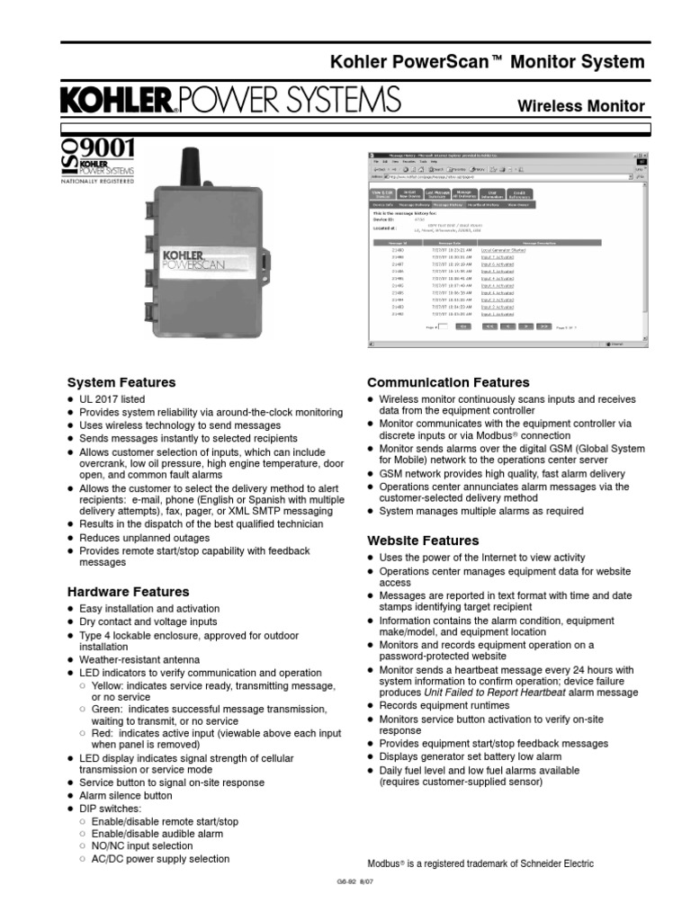 Kohler PowerScan Monitor System | PDF | Alternating Current | Power Supply