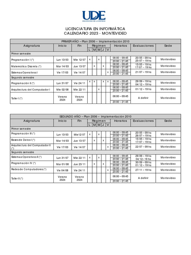 Calendario Licenciatura Informática UDE 2023 | PDF