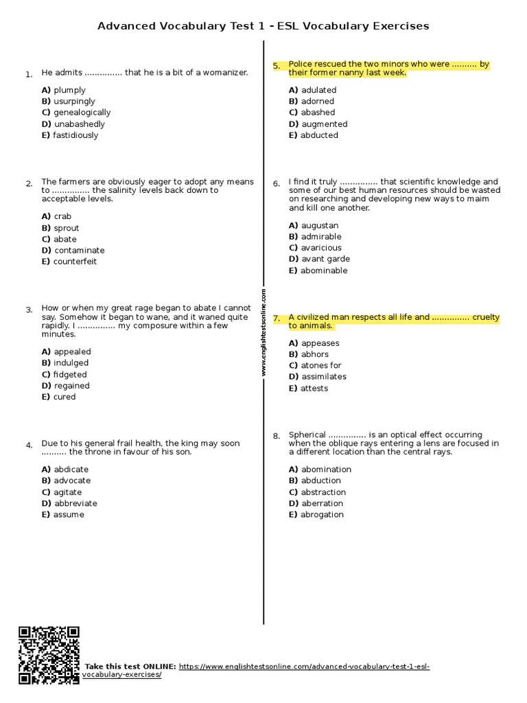 Advanced Vocabulary Test 1 – ESL Vocabulary Exercises (2) | PDF