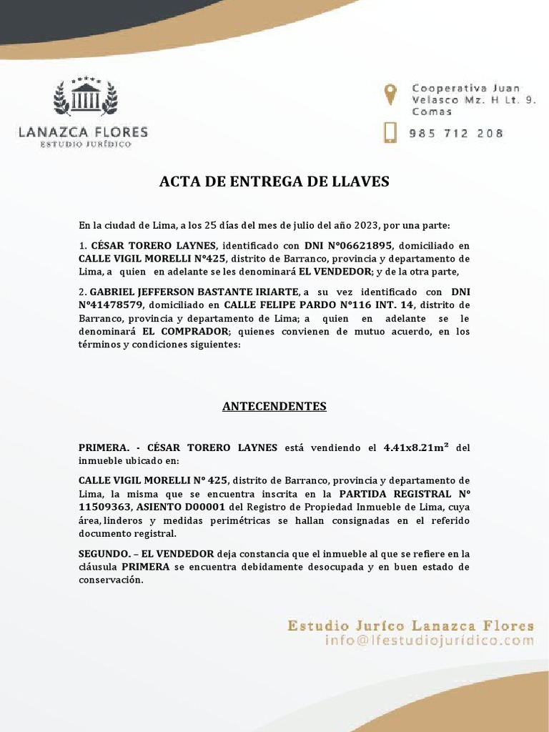 Acta de Entrega de Llaves | PDF