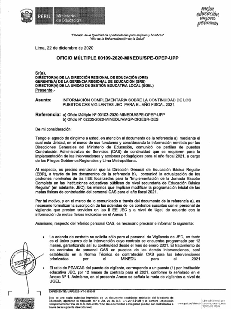 Oficio Multiple 00109 2020 Minedu Spe Opep Upp | PDF Oficio Multiple 00109 2020 Minedu Spe Opep Upp | PDF