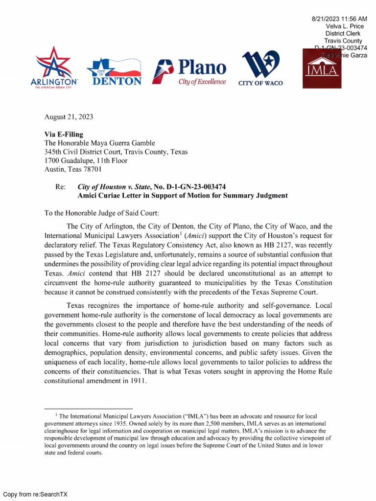 Amici Curiae Letter_hb2127 Suit | PDF | Texas | Amicus Curiae