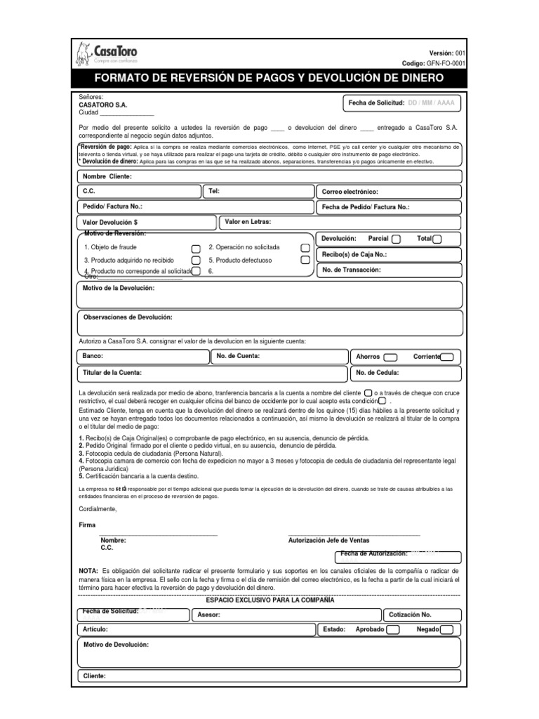 Formato Reversión y Devolución | PDF | Negocios | Finanzas y dinero