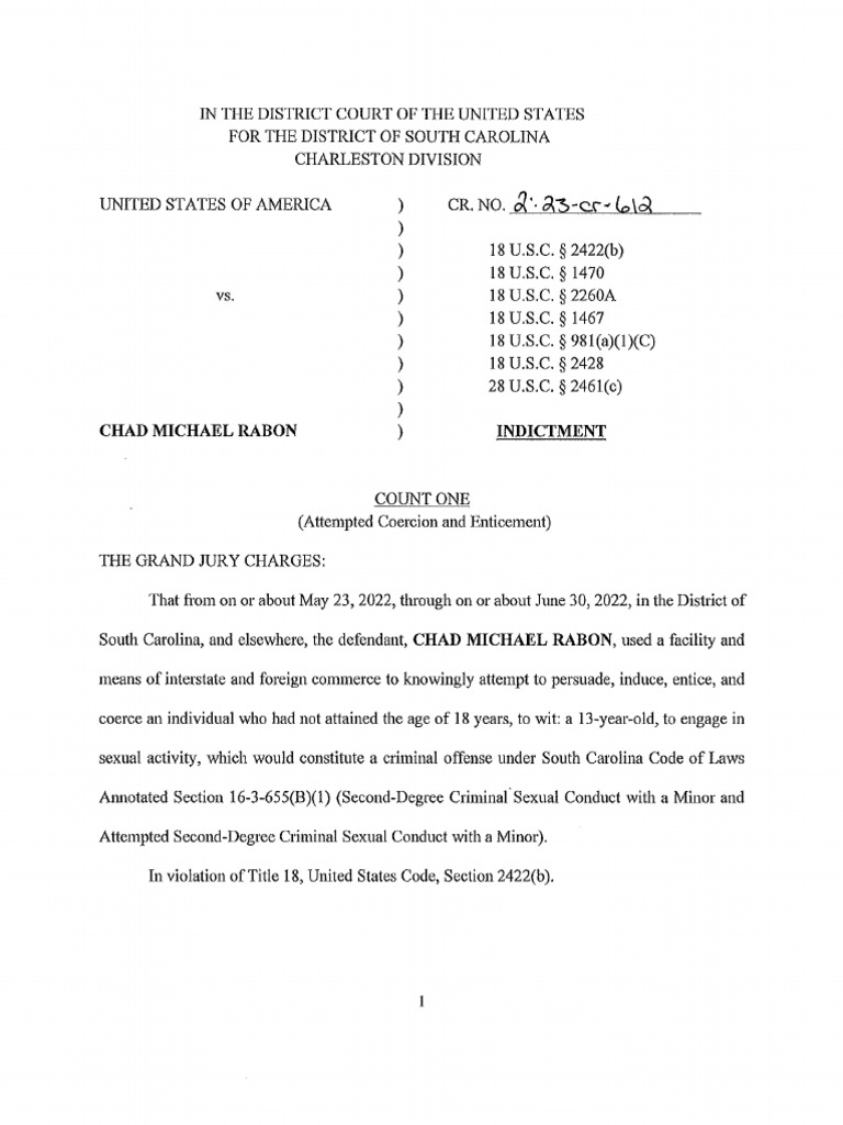 Chad Michael Rabon Federal Child Sex Abuse Indictment | PDF